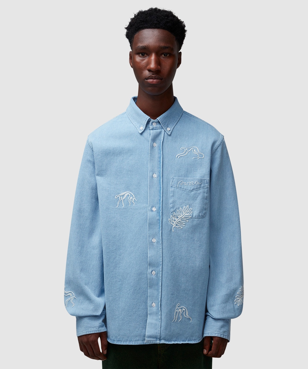 Parra Ancient Aliens Denim Shirt In Washed Blue | ModeSens
